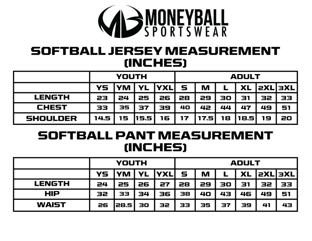 Softball Size Chart - Moneyball Sportswear